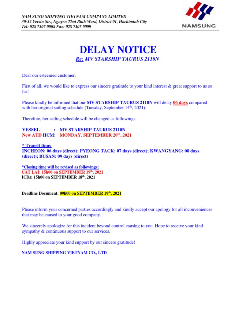 0 - Delay Notice - MV STARSHIP TAURUS 2110N | PDF | Finance & Money ...