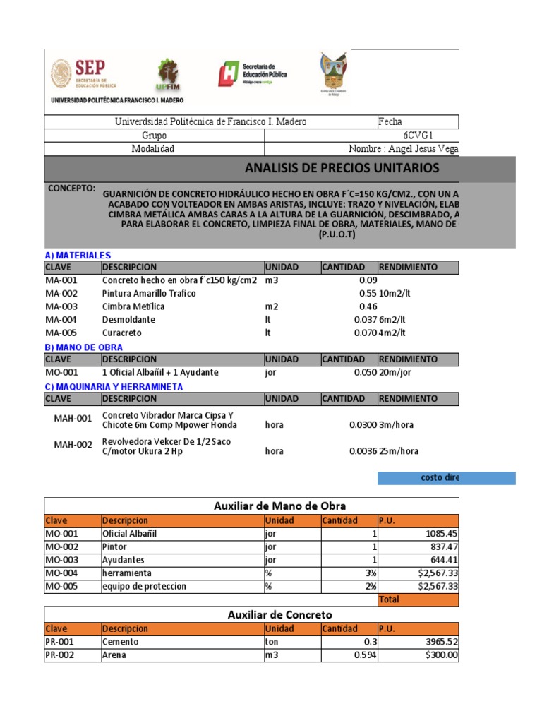 Analisis de Precios Unitarios Guarnicion | Descargar gratis PDF | Economias