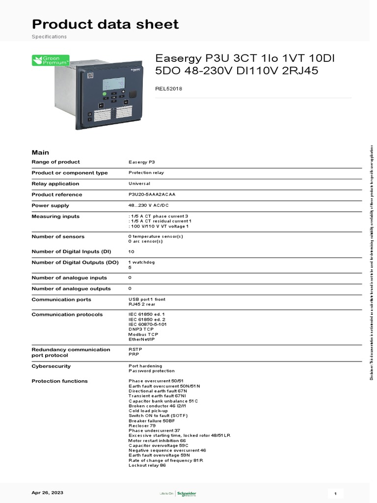 Easergy P3U Relay Data Sheet | PDF | Electromagnetic Compatibility | Relay