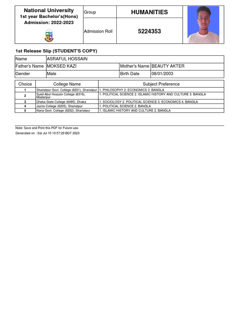 National University 1st Year Admission Slip | PDF