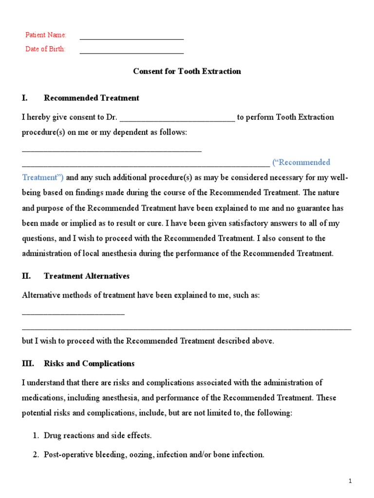 Consent For Tooth Extraction | PDF | Surgery | Medicine