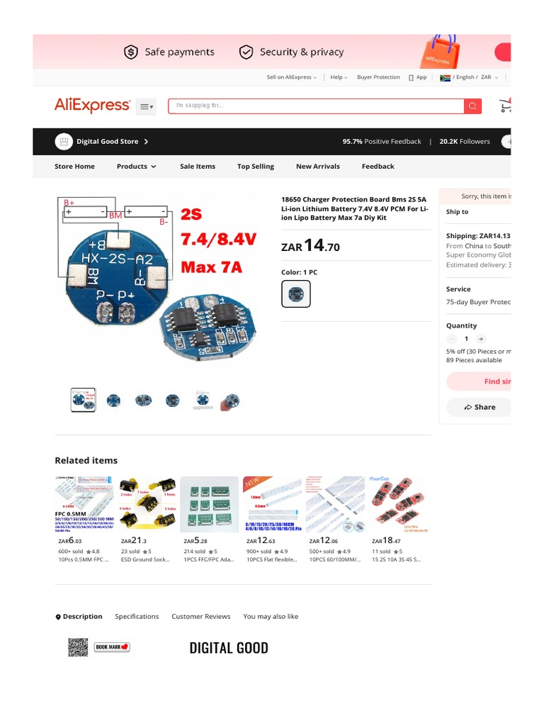 Charger Protection Board Bms 2S 5A Li-Ion Lithium Battery 7.4V 8.4V PCM ...