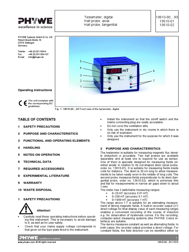 PHYWE 5.3.03 Hall Effect in Metals | PDF | Magnetometer | Fuse (Electrical)
