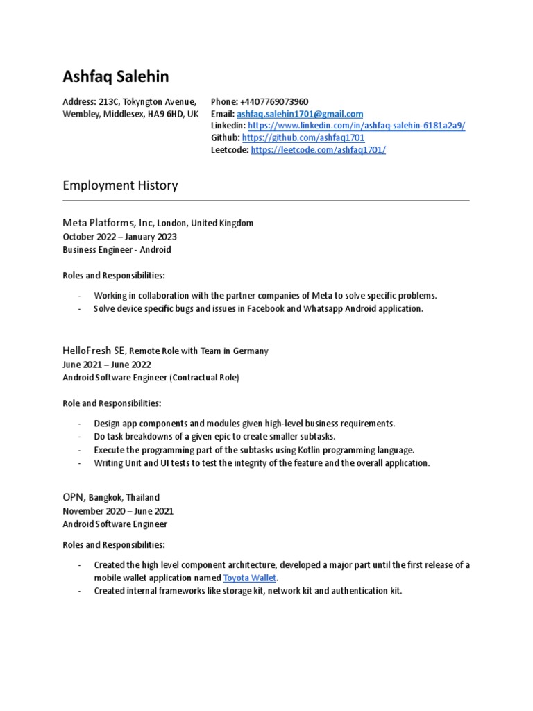 CV Ashfaq Salehin Academic Employment | PDF | Android (Operating System) | Apache Spark