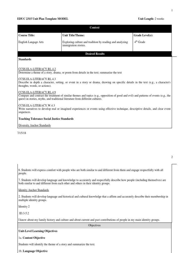 Educ 2315 Unit Plan Model 1 | PDF | Experience | Vocabulary