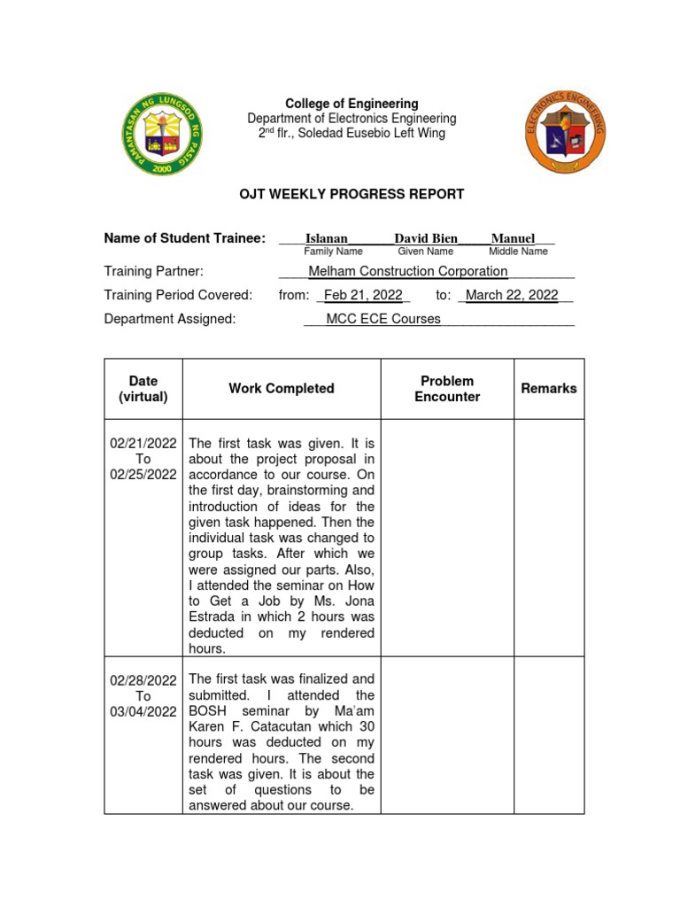 OJT Weekly Progress Report - Electronics Engineering | PDF | Cognitive Science | Cognition