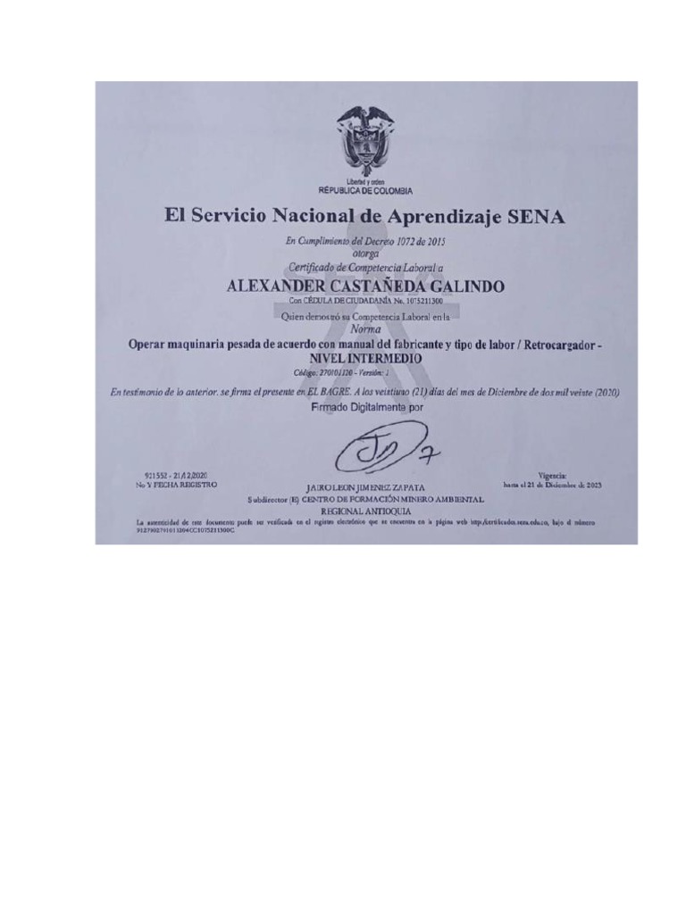 Certificado Sena Operador | PDF