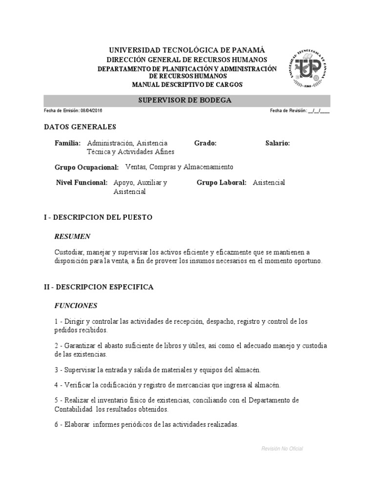 Supervisor de Bodega | PDF | Gestión de recursos humanos | Planificación