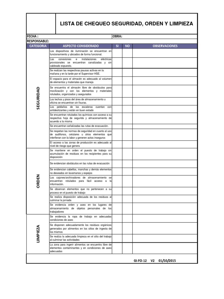 GI-FO-12 Lista de Chequeo Seguridad, Orden y Limpieza (V2) | PDF