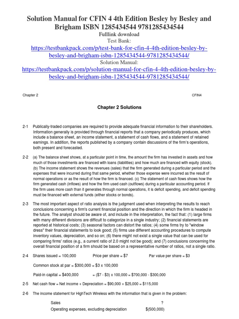 CFIN 4th Edition Besley by Besley and Brigham ISBN Solution Manual | PDF | Return On Equity ...