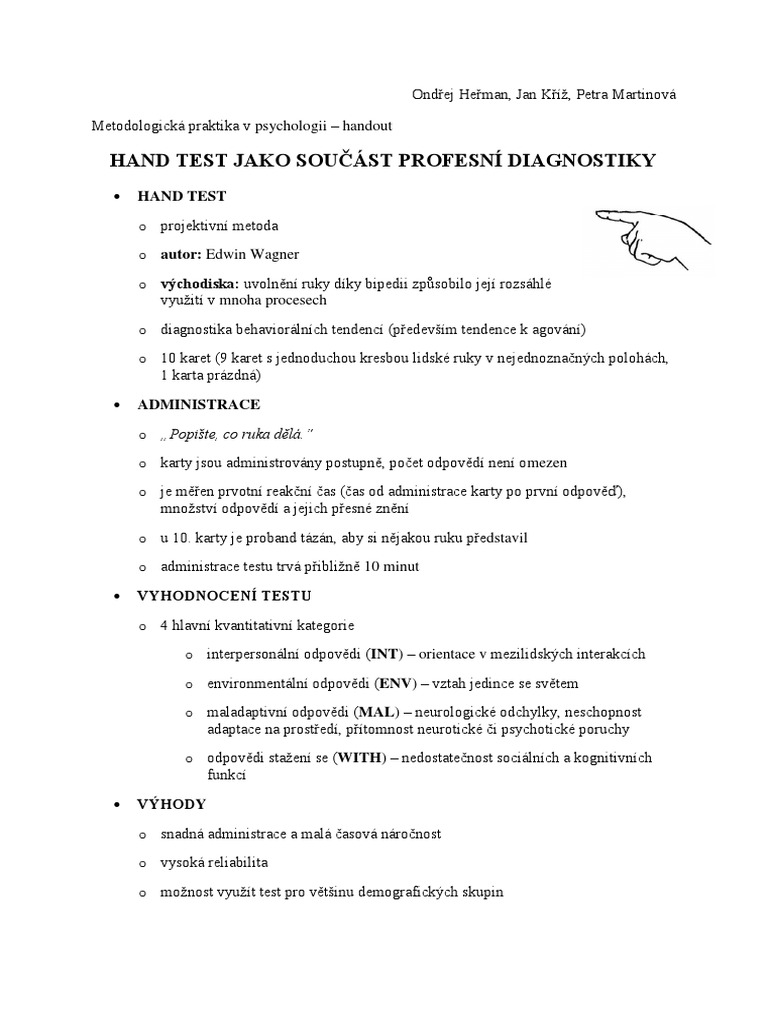 Hand Test Jako Součást Profesní Diagnostiky - Handout | PDF