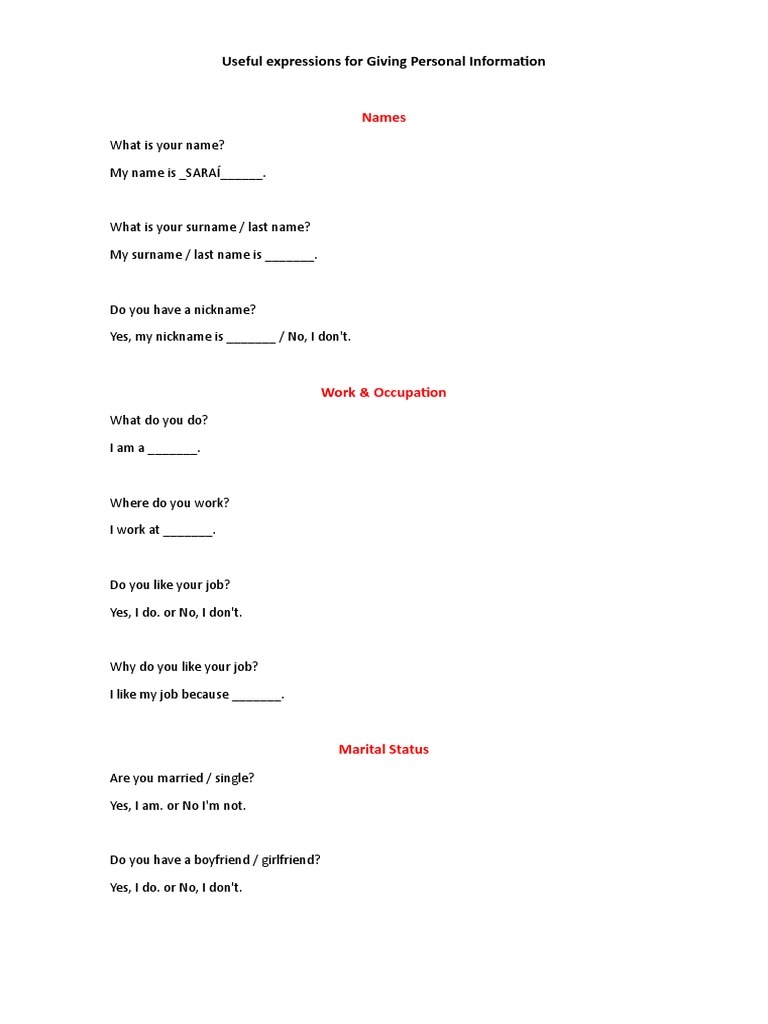 Personal Information Expressions | PDF | Self-Improvement | Wellness