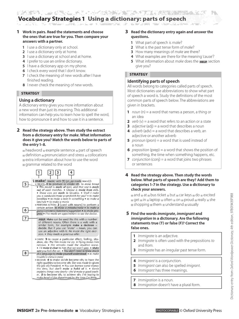 Insight2e Preint Vocab Strategies Worksheets | PDF | Part Of Speech | Preposition And Postposition