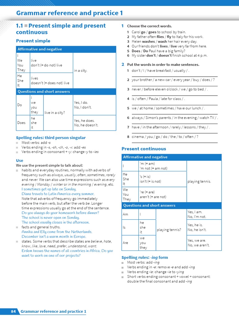 Present Simple and Continuous Grammar Guide | PDF | Plural | Noun