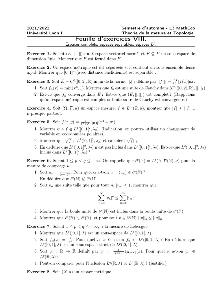Feuille8 Matheco - 2021 2022 | PDF | Norme (Mathématiques) | Limite (mathématiques)