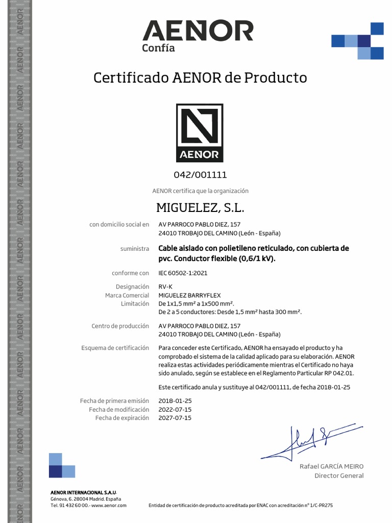 Certificado de Calidad Barryflex - RV-K - Aenor | PDF | España ...