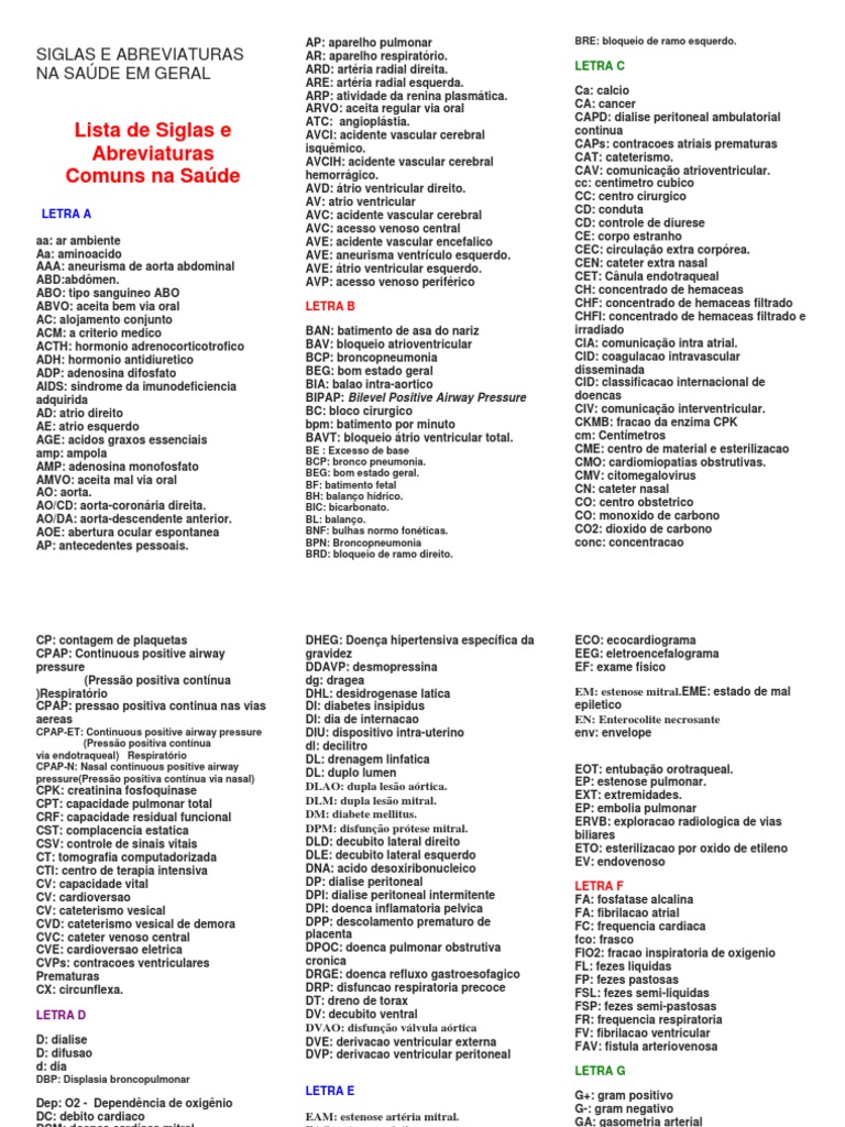 Siglas e Abreviaturas Na Saúde em Geral | PDF | Ventrículo (coração ...