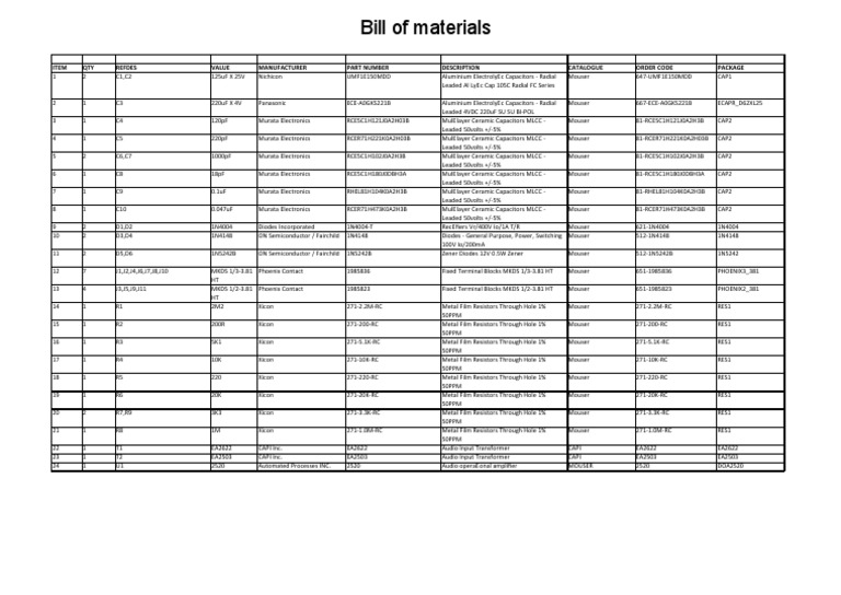 API 312 Clone Mic Preamp PCB Bom | PDF | Manufactured Goods | Electronics