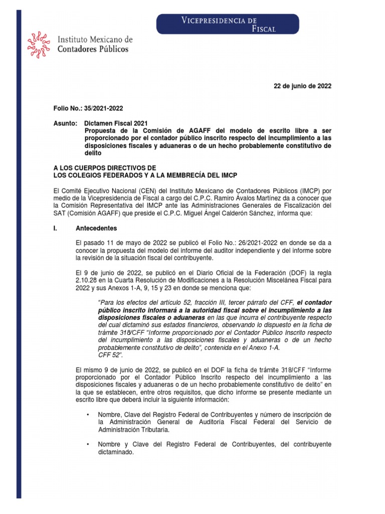Folio 35. Dictamen Fiscal 2021. Propuesta de La Comisión de AGAFF Del ...