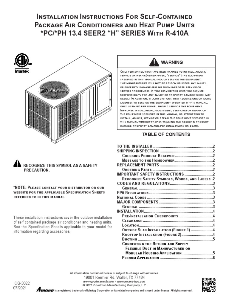 Installation Instructions For Self-Contained Package Air Conditioners ...
