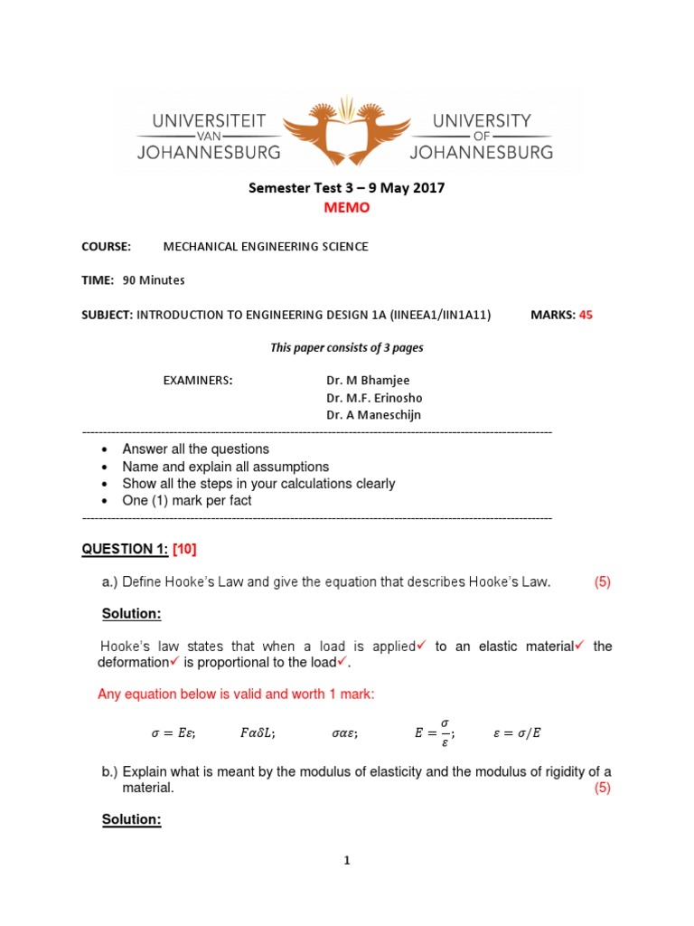 IINEEA1 - 1A11 ST3 2017 Memo | PDF | Young's Modulus | Elasticity (Physics)