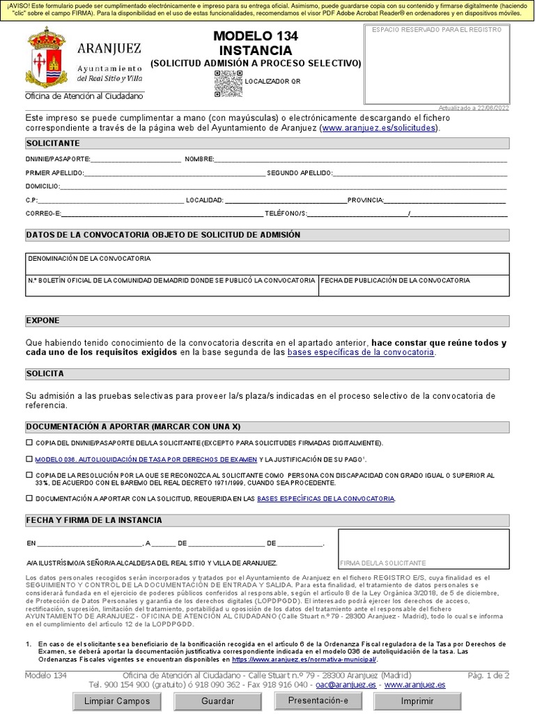 Modelo 134 Instancia: (Solicitud Admisión A Proceso Selectivo) | PDF | Gobierno | Gobernancia