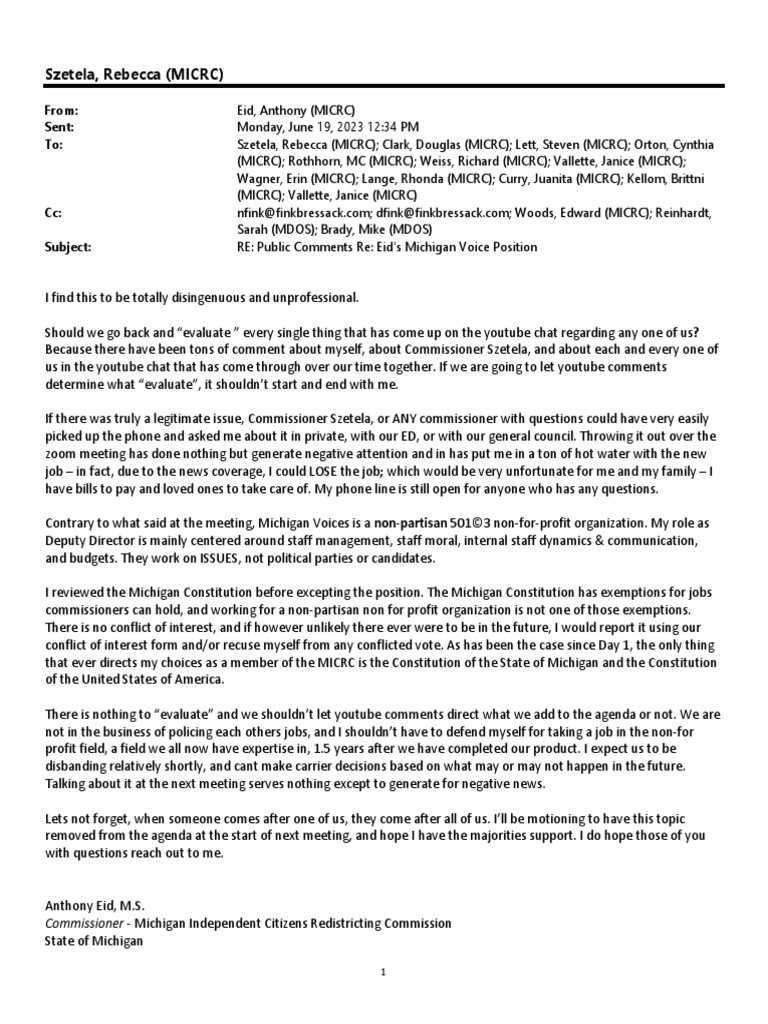 Email Chain: MICRC Anthony Eid Conflict of Interest | PDF