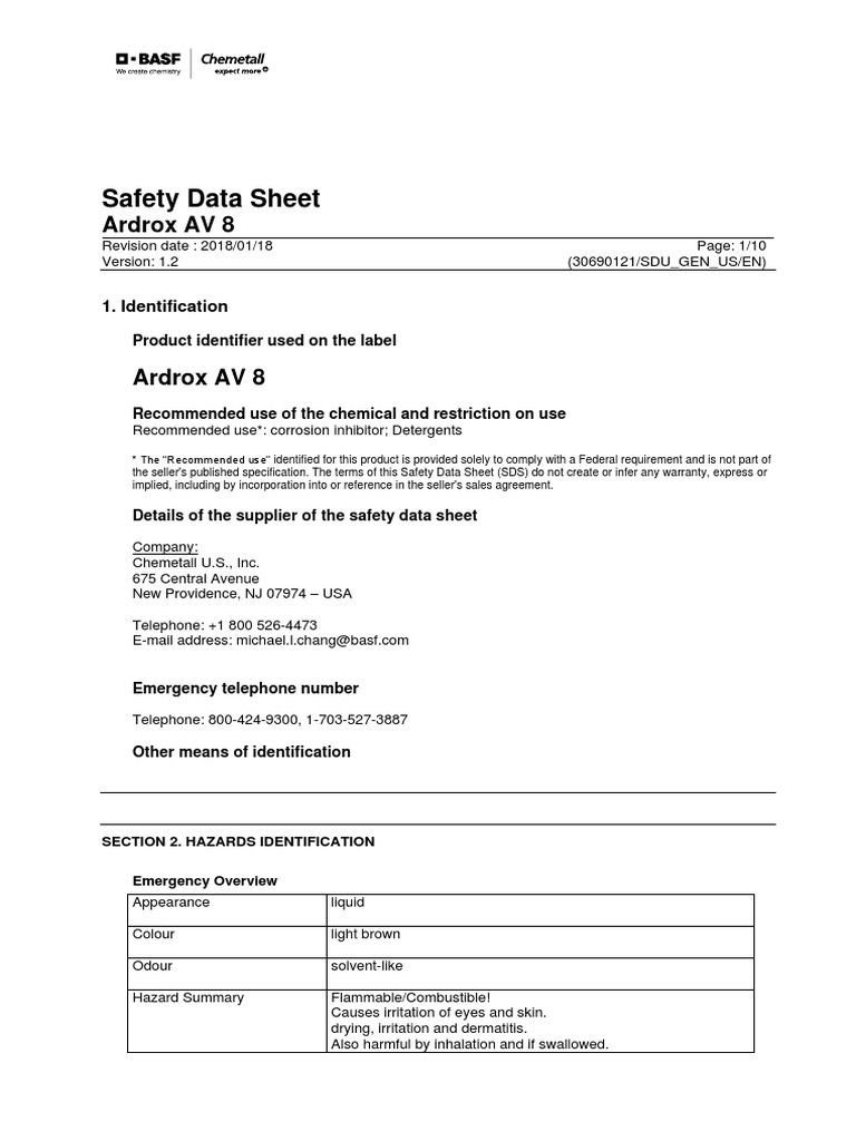 Ardrox AV 8 Safety Data Sheet | PDF | Toxicity | Personal Protective ...