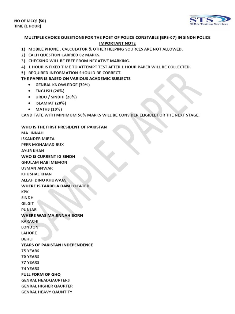 (STS) Sample Paper 05-07-2023 | PDF | Pakistan | Sindh