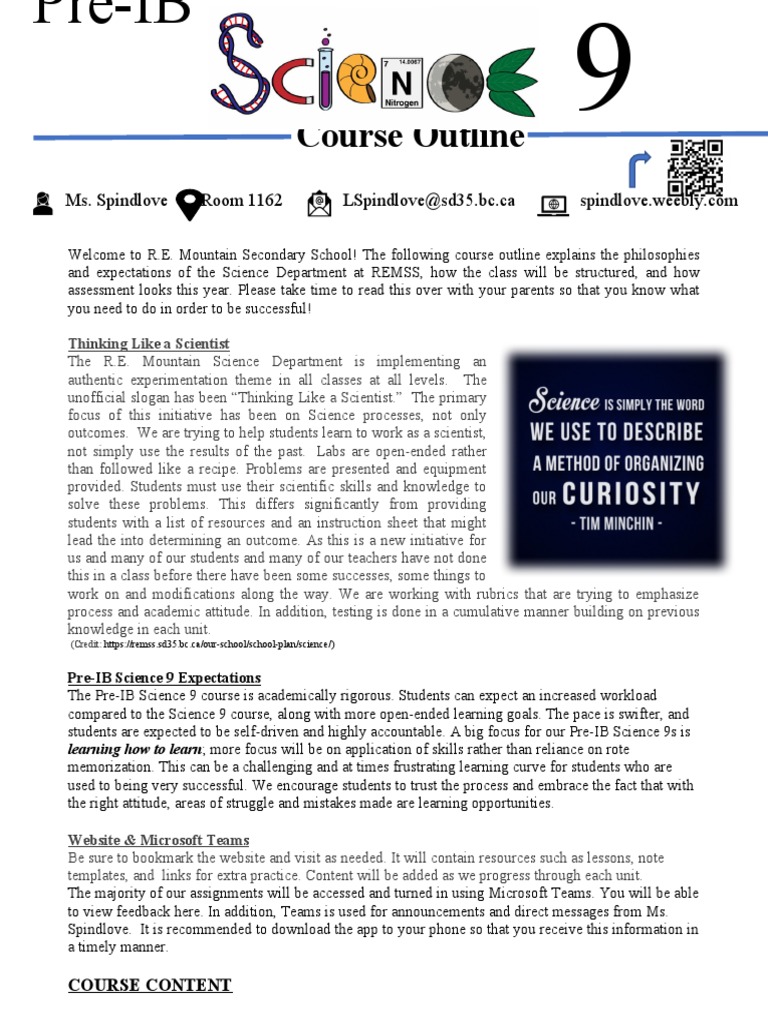Pre-IB Science 9 Course Outline | PDF | Curriculum | Educational Assessment