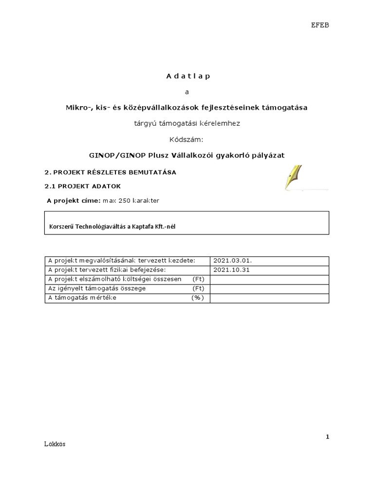 ADATLAP GINOP GINOP Plusz Vállalkozói Gyakorló Pályázat 2022 ...
