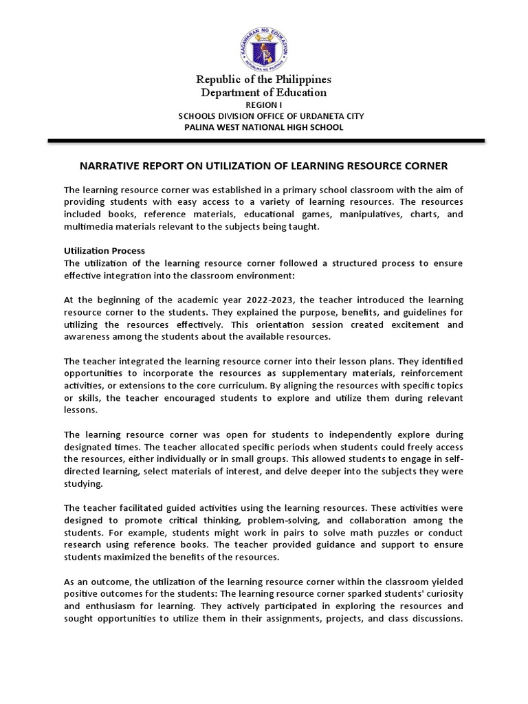 Narrative Report On Utilization of Learning Resource Corner | PDF ...