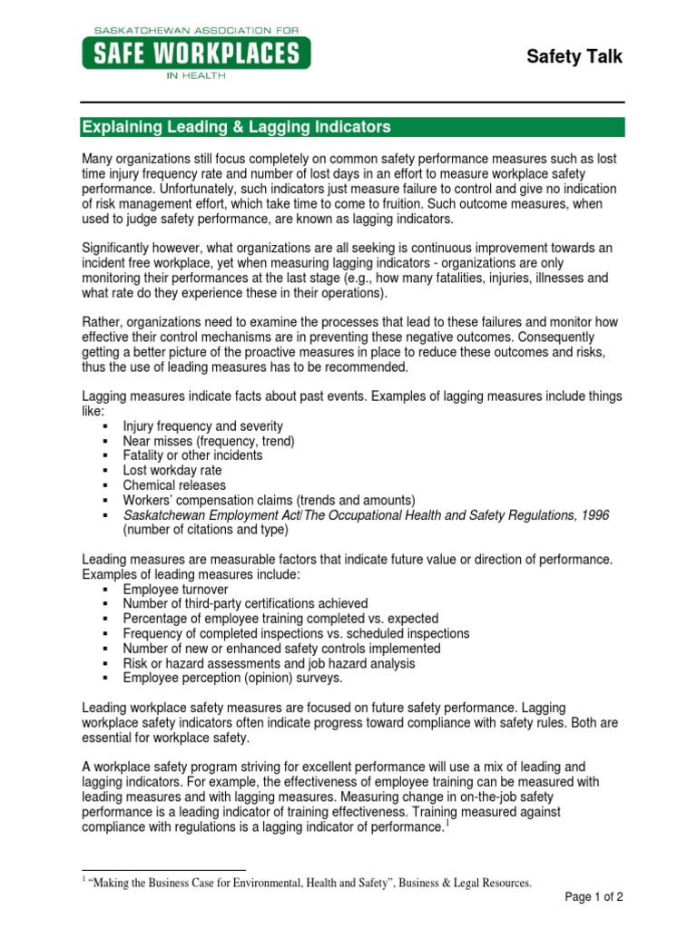 Safety Talk - Leading and Lagging Indicators | PDF | Occupational ...