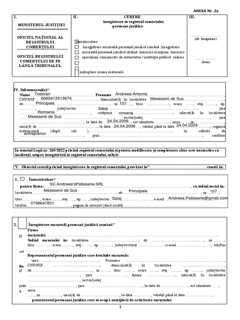 Cerere Inregistrare in Registrul Comertului | PDF
