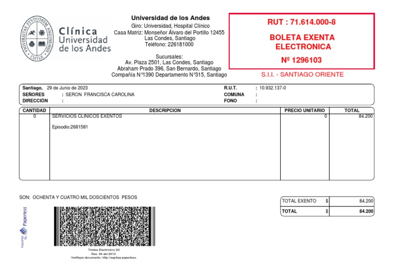 Boleta Exenta - BE01296103 | PDF