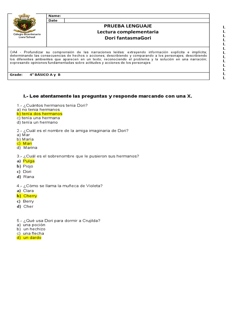 Prueba de comprensión: Dori Fantasmagori | PDF