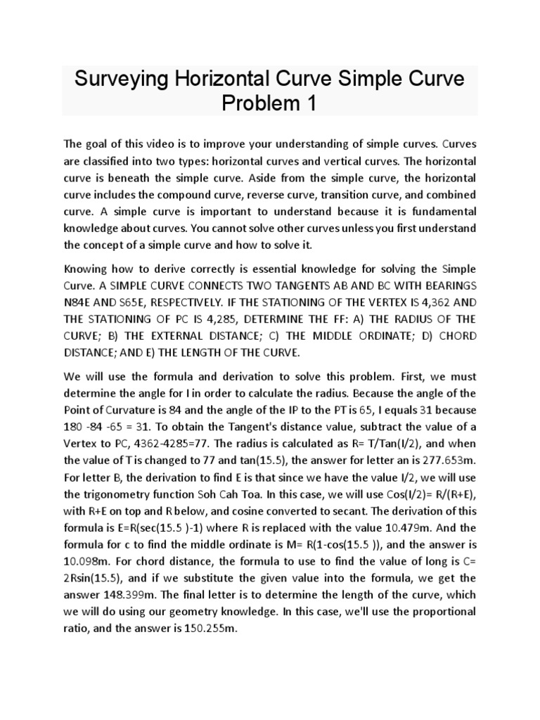 Surveying Horizontal Curve Simple Curve Problem 1 | PDF | Teaching ...