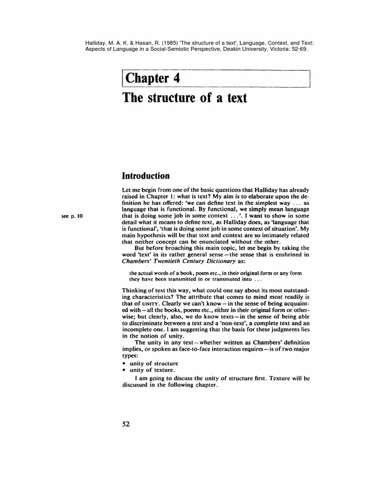 Hasan in Halliday and Hasan 1985 CH 4 - Structure of Text | PDF