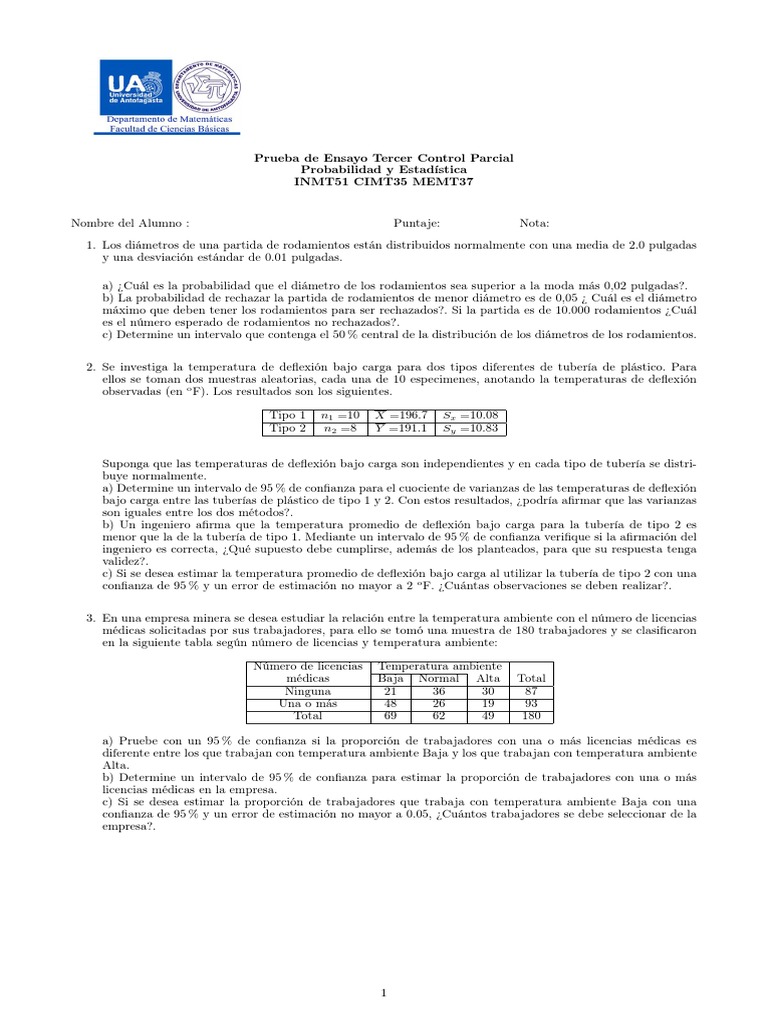 Prueba Ensayo Tercer Control 2023 | PDF | Desviación Estándar | Estadísticas