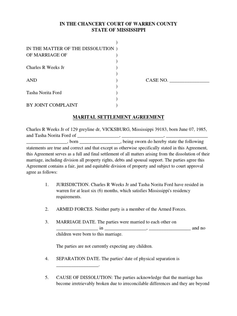 Mississippi Marital Settlement Agreement | PDF | Alimony | Divorce