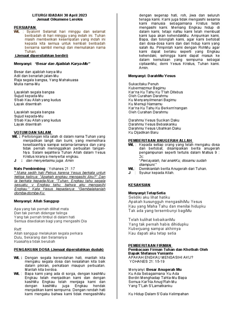 Liturgi Kebaktian Minggu 30 April 2023 | PDF