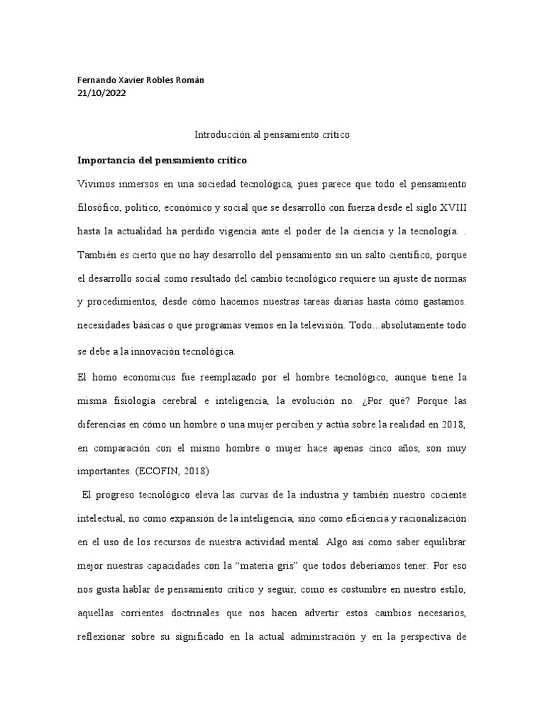 Importancia del Pensamiento Crítico | PDF | Pensamiento | Pensamiento ...