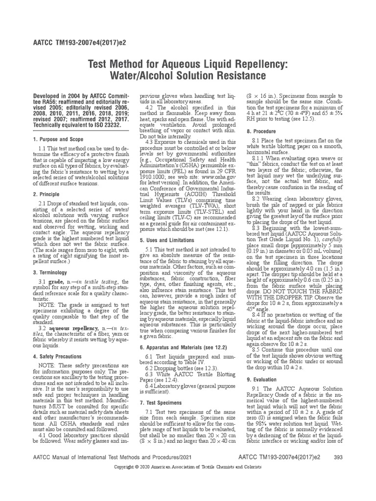 Aatcc TM 193 | PDF | Textiles | Wetting