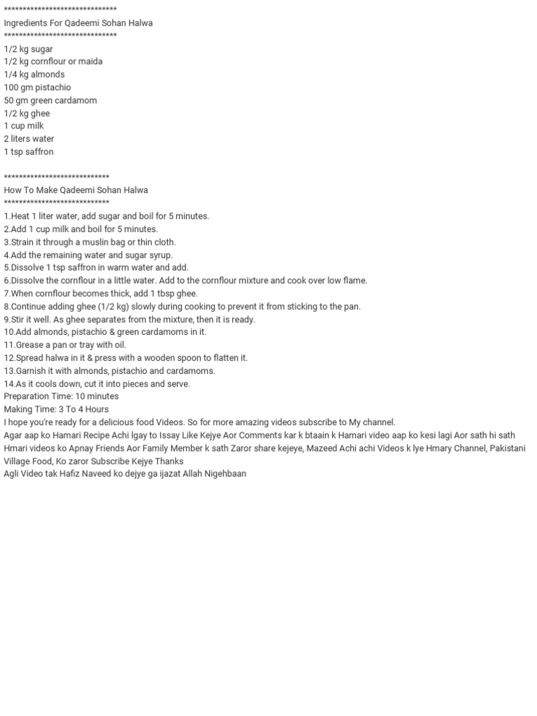 Ingredients For Qadeemi Sohan Halwa | PDF