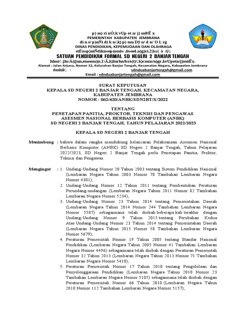 SK Panitia, Proktor, Teknisi, Pengawas Anbk 2022-2023 | PDF