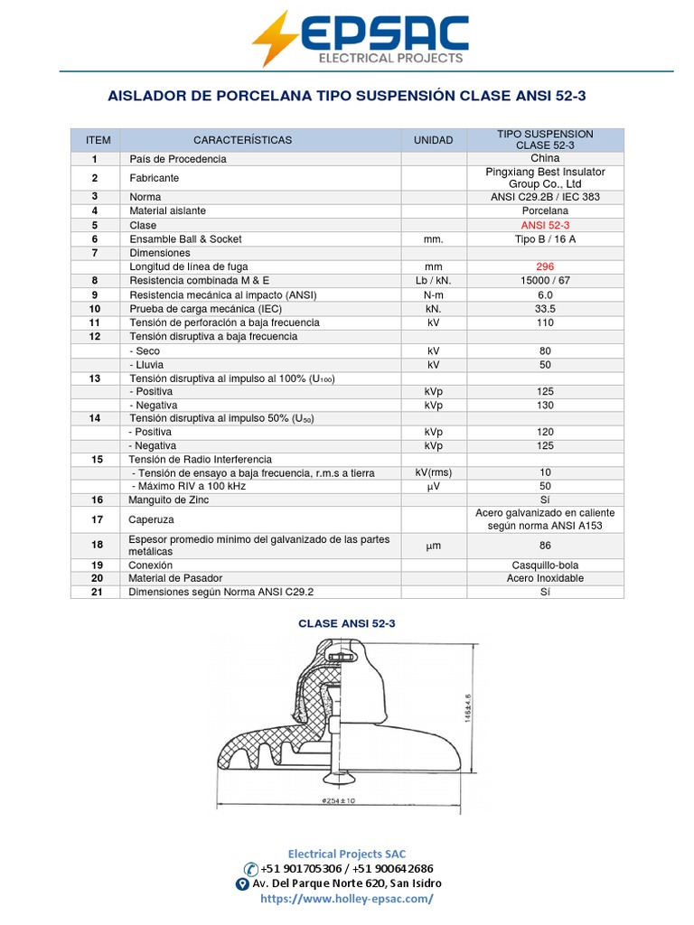 Aislador Porcelana ANSI 52-3 Especificaciones | PDF | Aislador ...