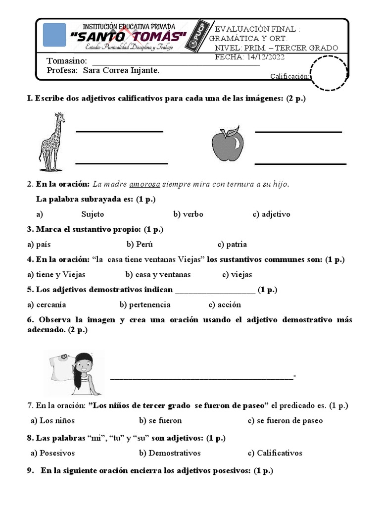 Modelo Examen - Primaria | PDF | Adjetivo | Oración (Lingüística)
