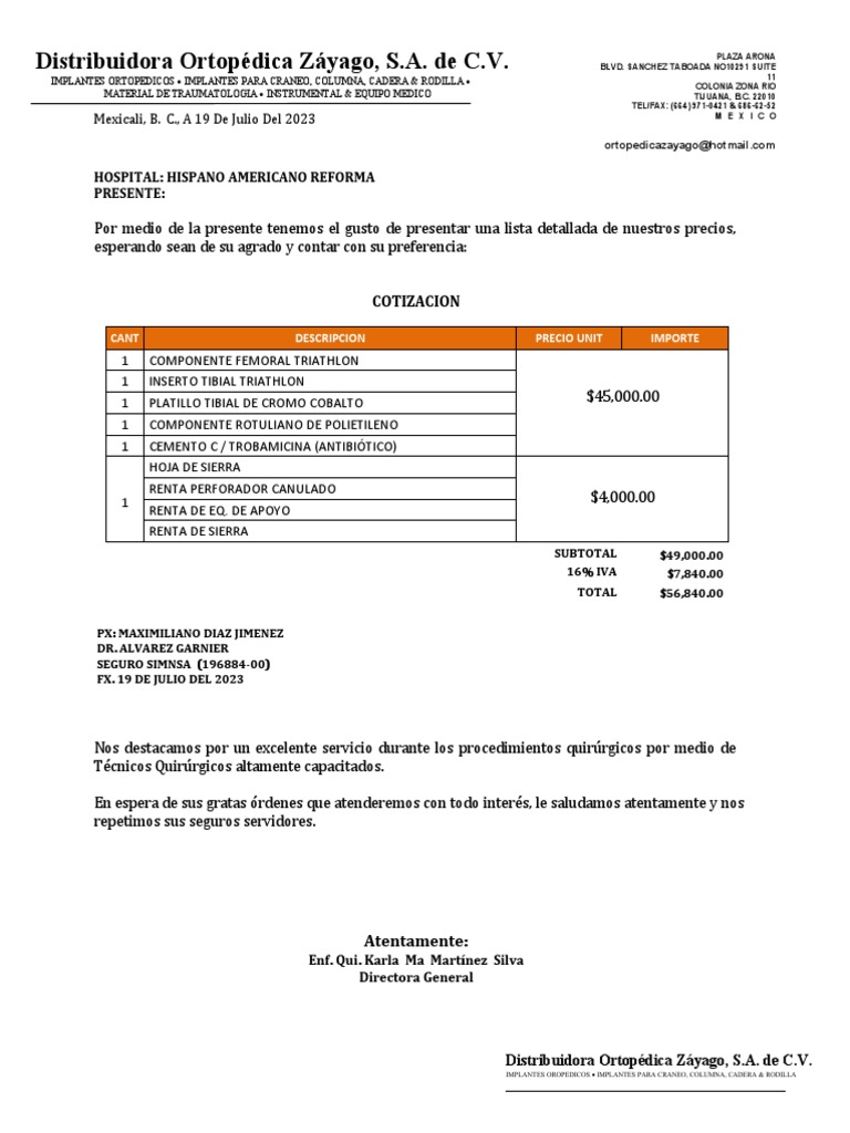 Cotizacion Protesis de Rodilla Seguro Simnsa | PDF