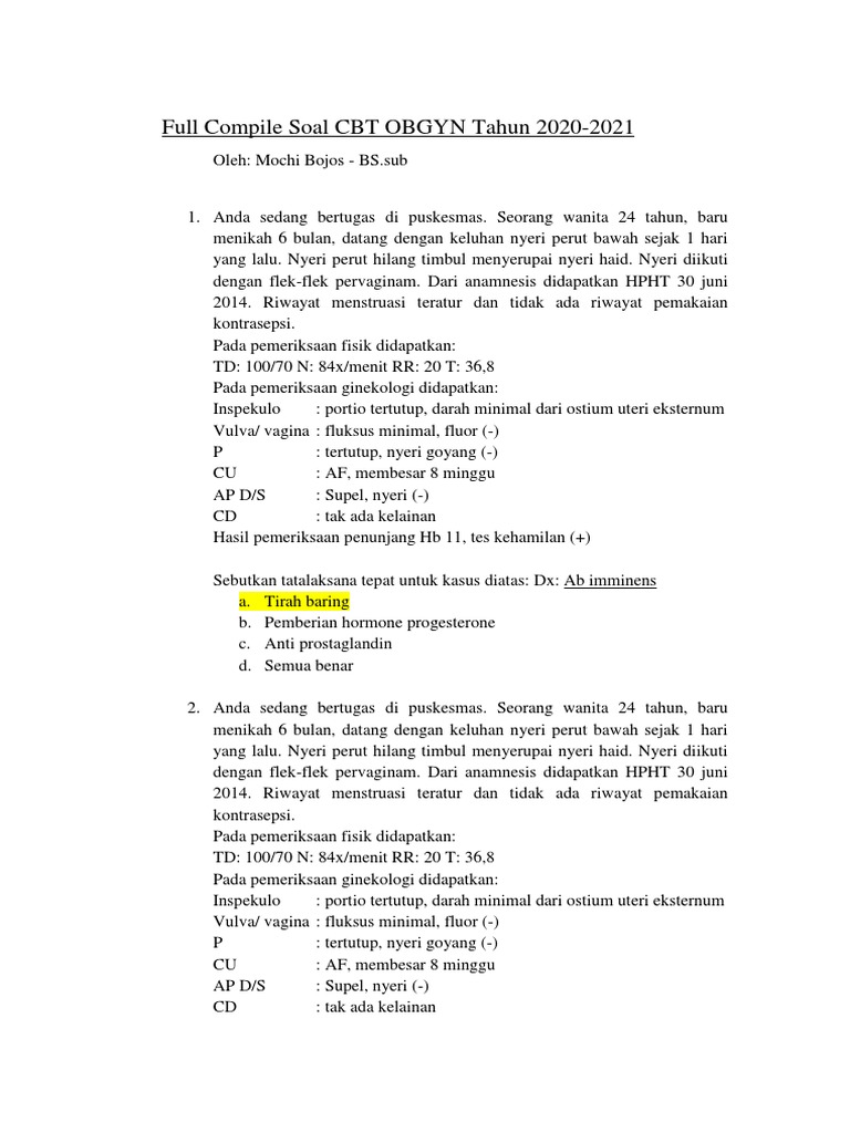 Soal CBT OBGYN 2020-2021: Diagnosis dan Tatalaksana | PDF
