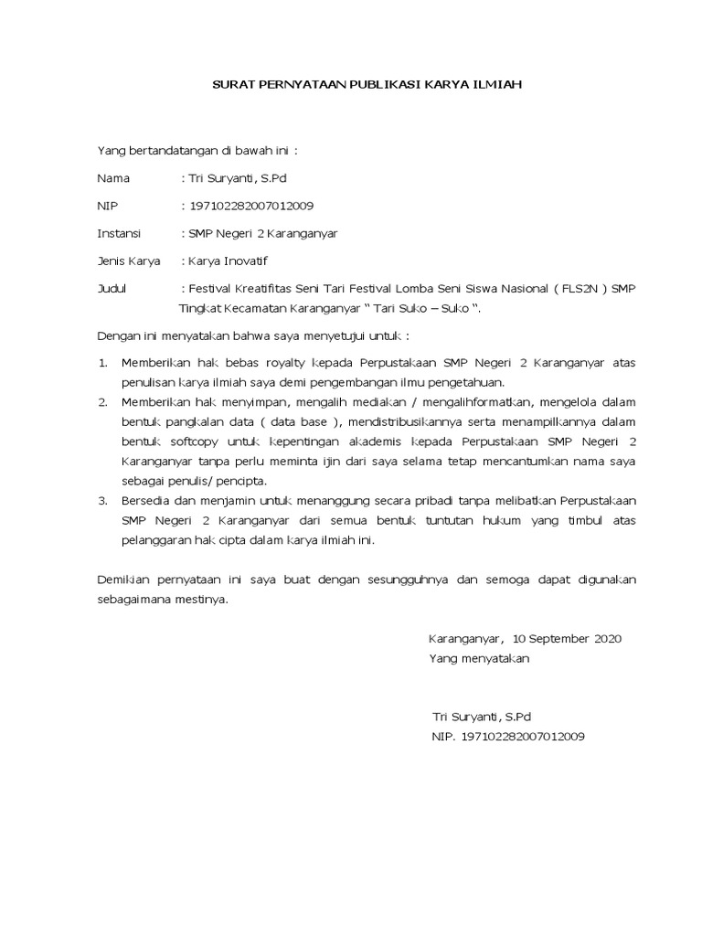 Surat Pernyataan Publikasi Karya Ilmiah | PDF